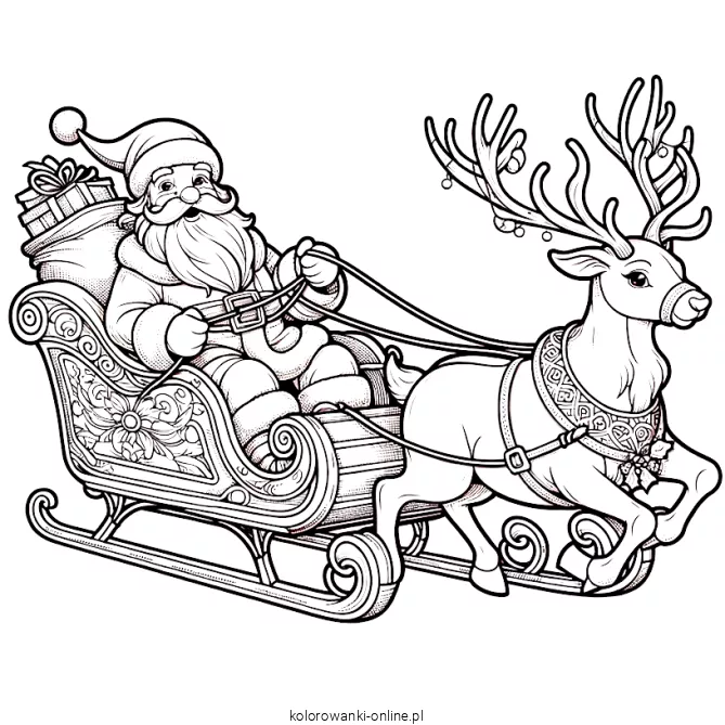 Święty Mikołaj, sanie i renifer kolorowanka - kolorowanki-online.pl